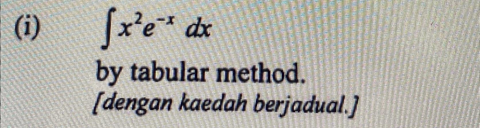 Solved ∫﻿﻿x2e-xdx ﻿by tabular method | Chegg.com