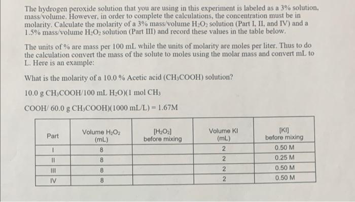 Solved The hydrogen peroxide solution that you are using in | Chegg.com