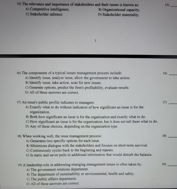 Solved 15) 15) The relevance and importance of stakeholders | Chegg.com