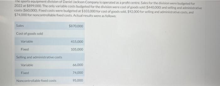 Solved Ine sports equipment division of Daniel Jackson | Chegg.com