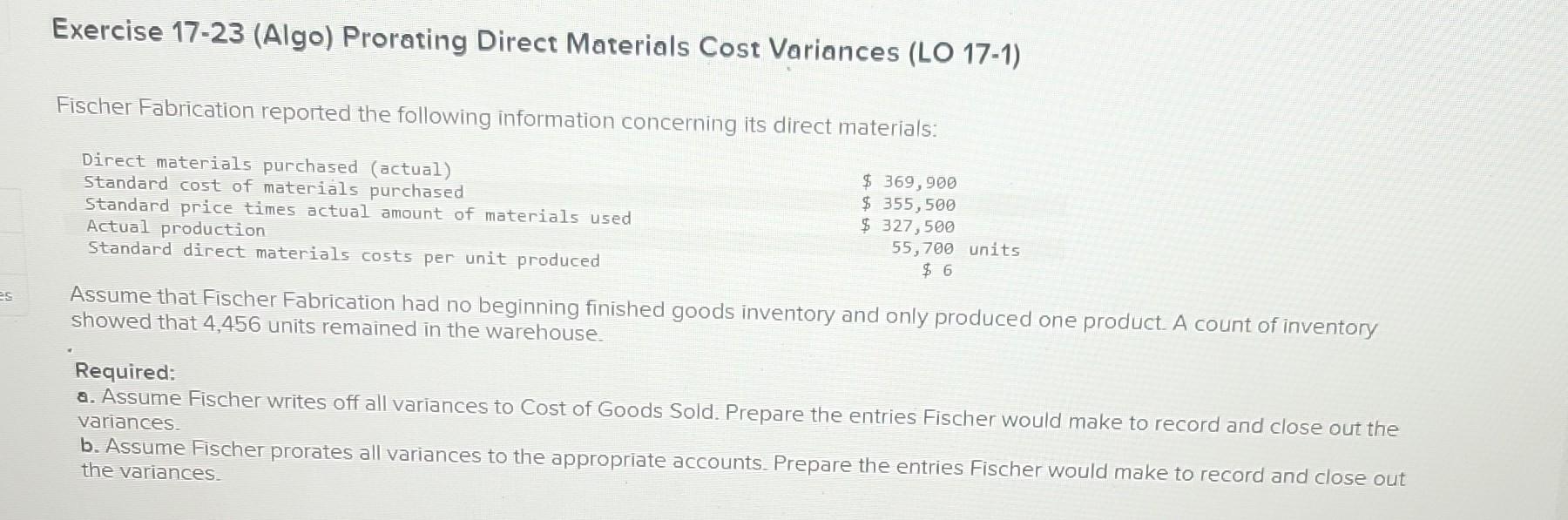 Solved Exercise 17-23 (Algo) Prorating Direct Materials Cost | Chegg.com