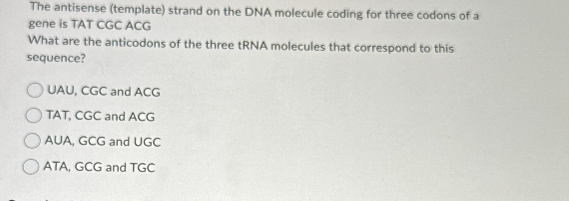 Solved The antisense (template) ﻿strand on the DNA molecule | Chegg.com