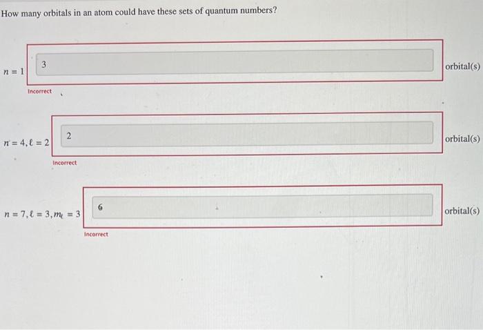 Solved How many orbitals in an atom could have these sets of | Chegg.com
