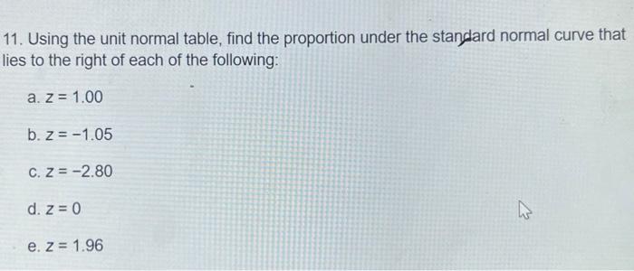 Solved 11. Using the unit normal table, find the proportion | Chegg.com