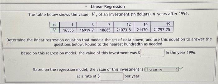 Solved Linear Regression The table below shows the value, V, | Chegg.com