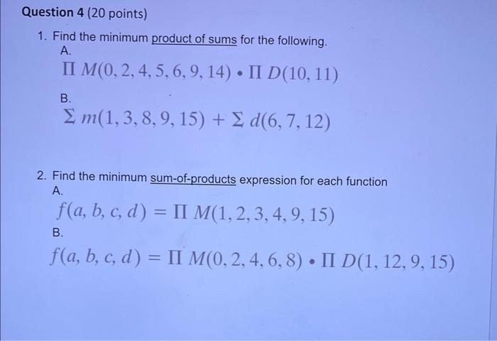 Solved 1. Find the minimum product of sums for the | Chegg.com