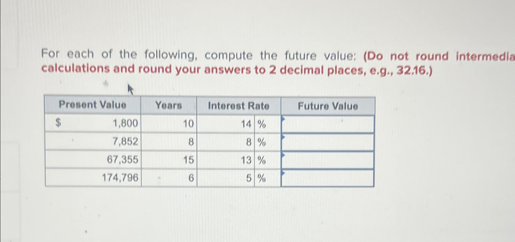Solved For each of the following, compute the future value: | Chegg.com