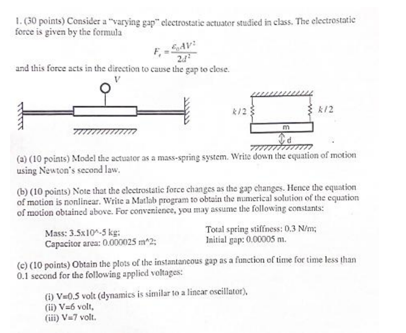 Solved (30 ﻿points) ﻿Consider a "varying gap" electrostatic | Chegg.com