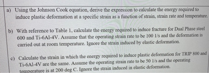 a) Using the Johnson Cook equation, derive the | Chegg.com