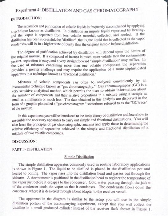 Solved Experiment 4: DISTILLATION AND GAS CHROMATOGRAPHY | Chegg.com