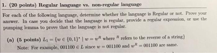 Solved 1. (20 points) Regular language vs. non-regular | Chegg.com