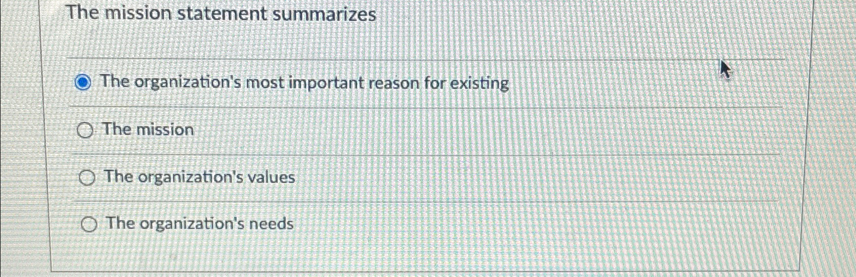 Solved The mission statement summarizesThe organization's | Chegg.com