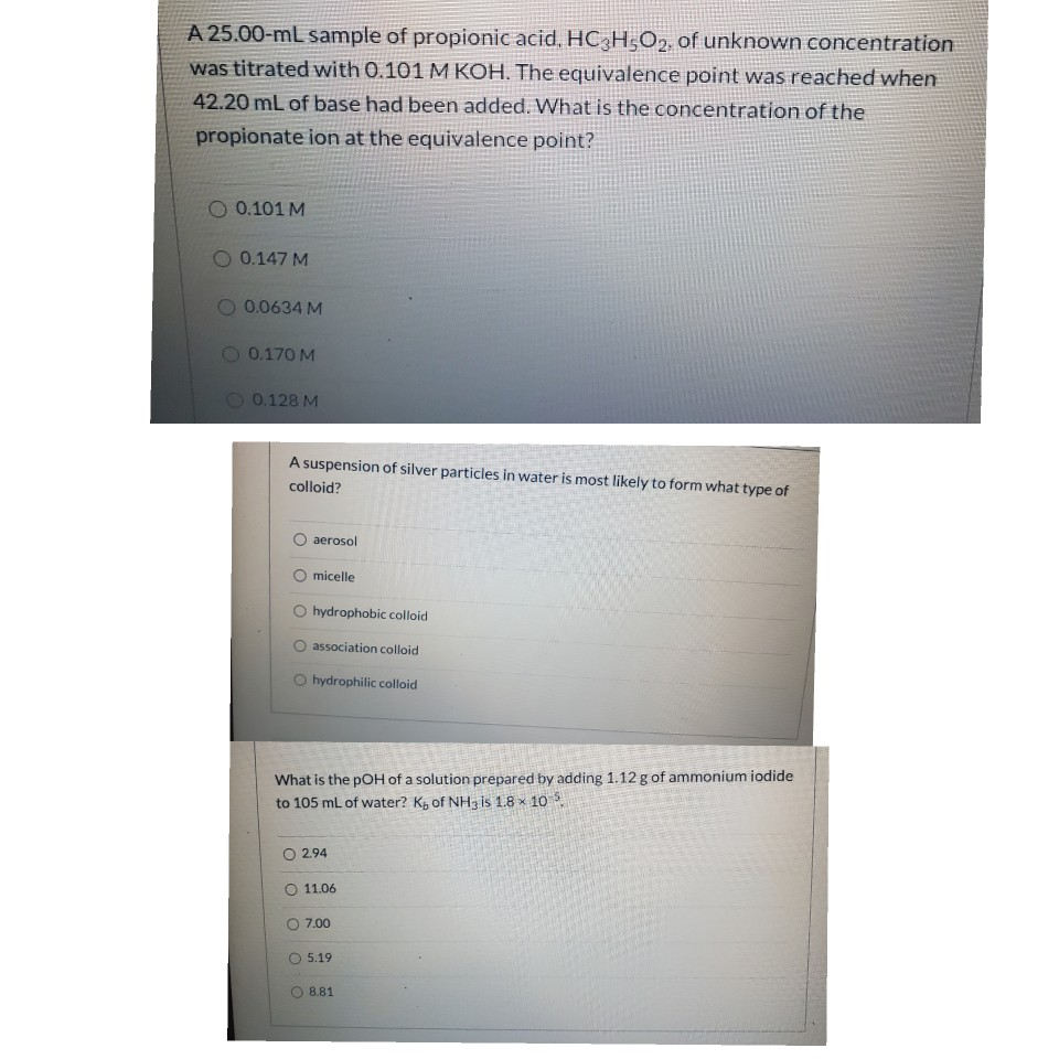 Solved A 25.00-ml sample of propionic acid, HC3H2O2. of | Chegg.com