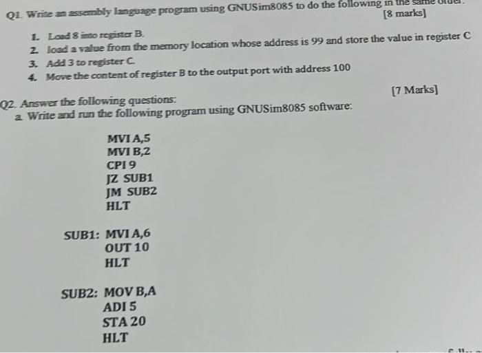Solved Ql Write A Assembly Language Program Using Gnusim8085 5397