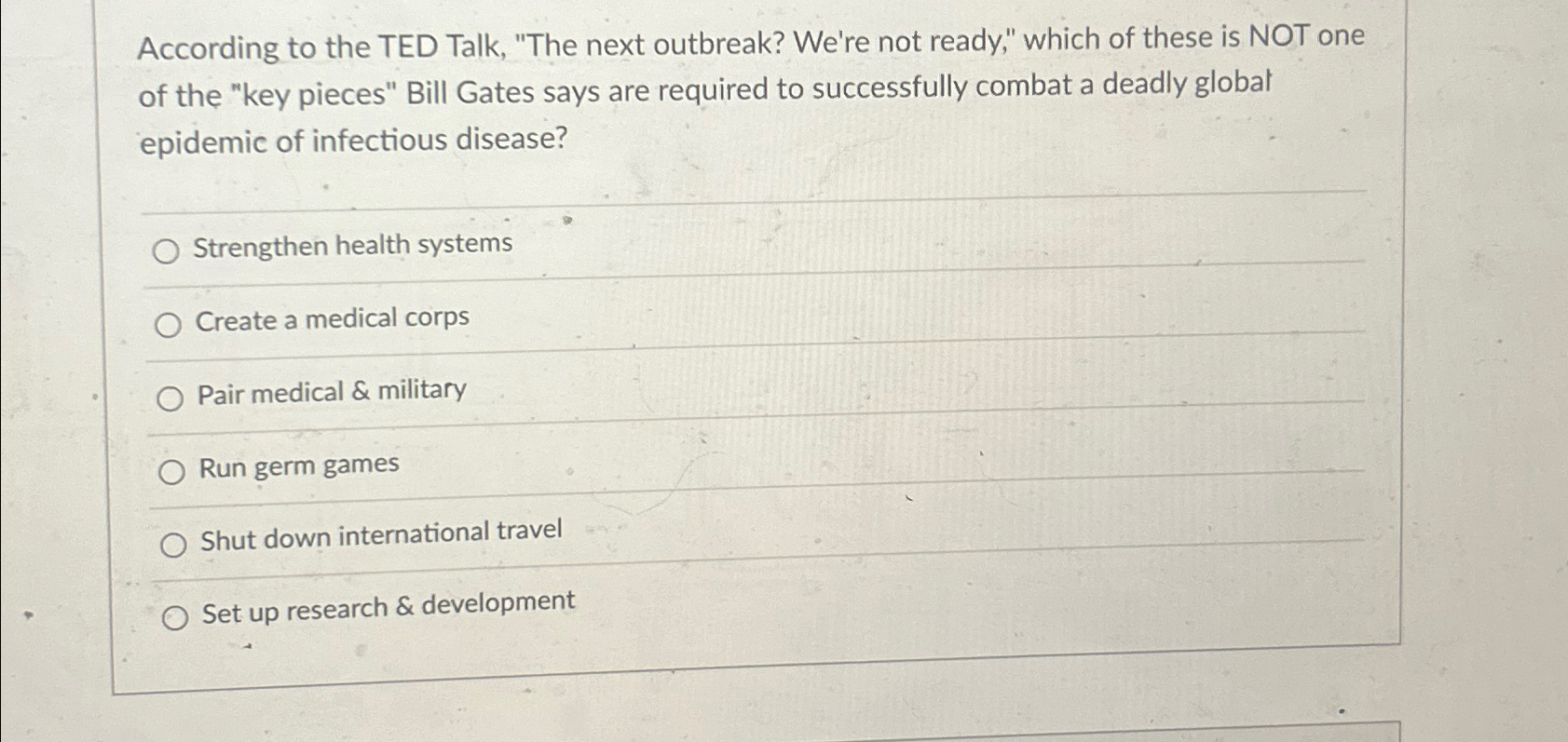 Solved According to the TED Talk, "The next outbreak? We're | Chegg.com
