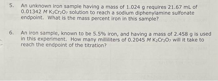 Solved 5. An unknown iron sample having a mass of 1.024 g | Chegg.com