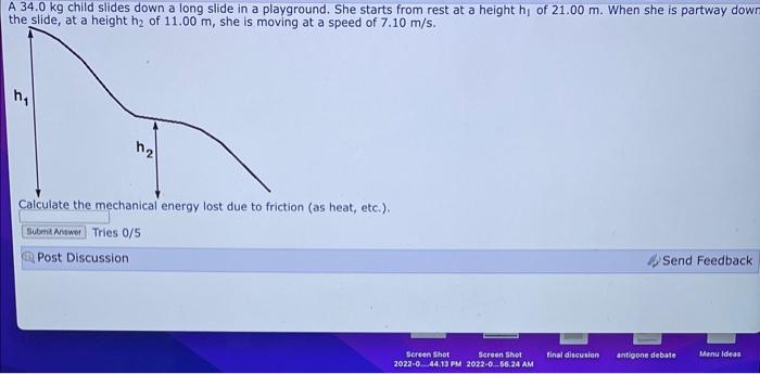Solved A 34.0 kg child slides down a long slide in a | Chegg.com