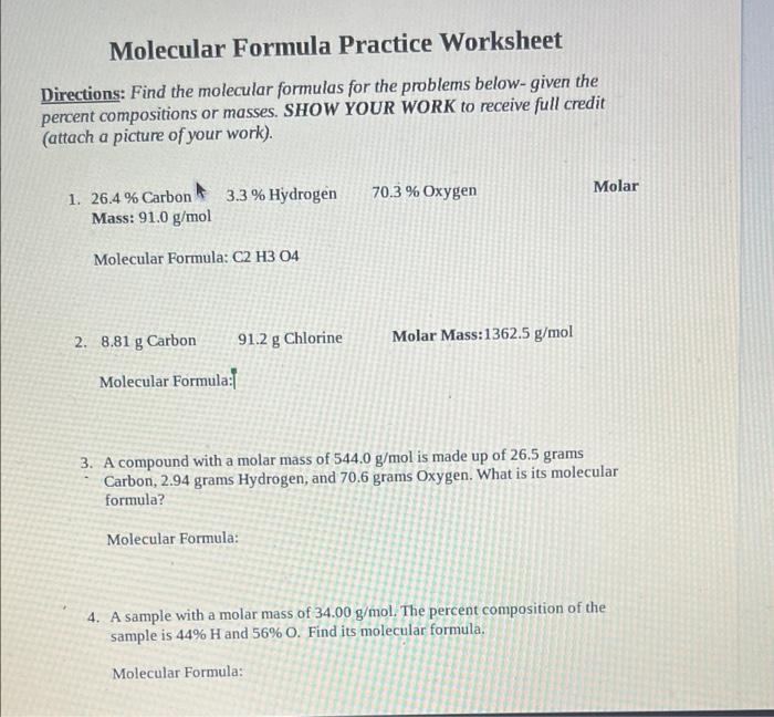 Solved Molecular Formula Practice Worksheet Directions: Find | Chegg.com