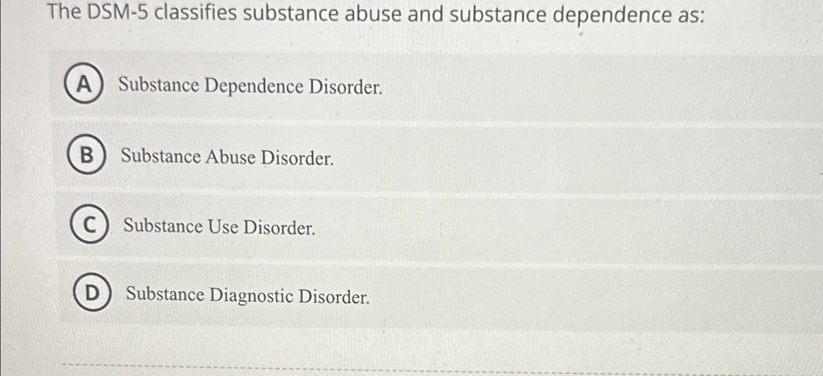 Solved The DSM-5 ﻿classifies substance abuse and substance | Chegg.com
