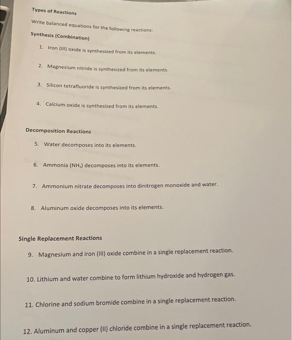 Solved Types of Reactions Write balanced equations for the | Chegg.com