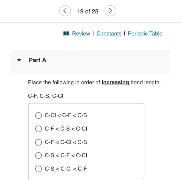 Solved 19 of 28 Part A Place the following in order of | Chegg.com