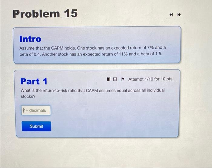Solved Problem 15 Intro Assume that the CAPM holds. One | Chegg.com