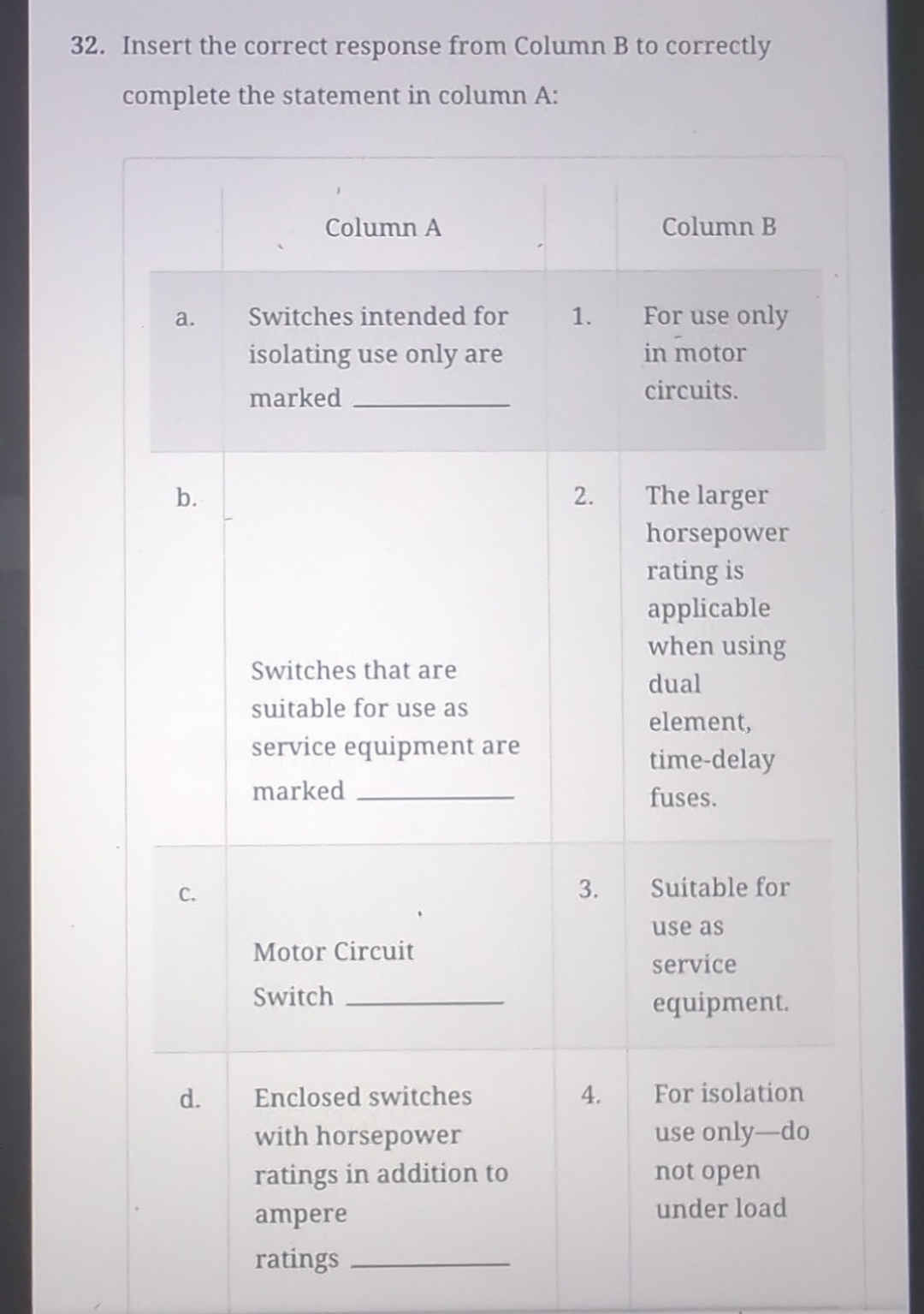Solved Insert the correct response from Column B to | Chegg.com