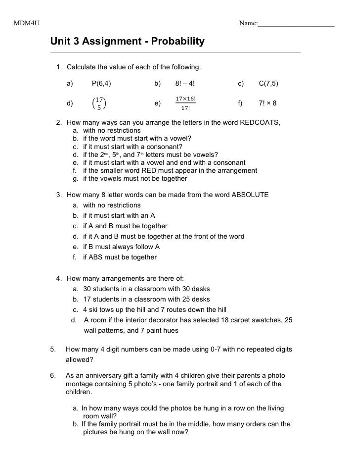 Solved MDM4UNameUnit 3 ﻿Assignment - ﻿ProbabilityCalculate | Chegg.com