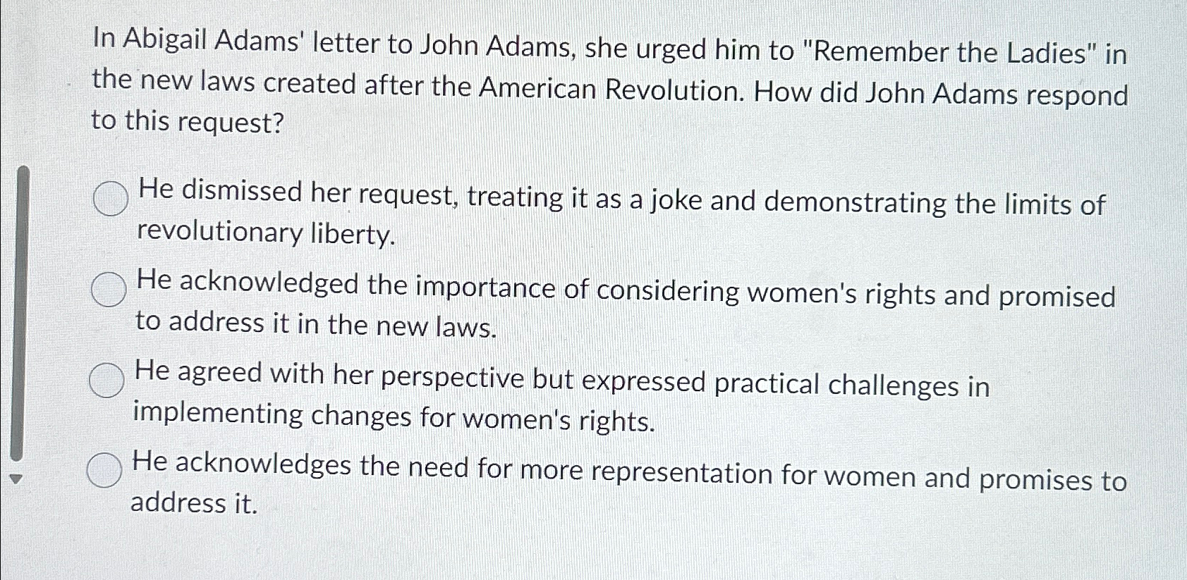 Solved In Abigail Adams' letter to John Adams, she urged him | Chegg.com