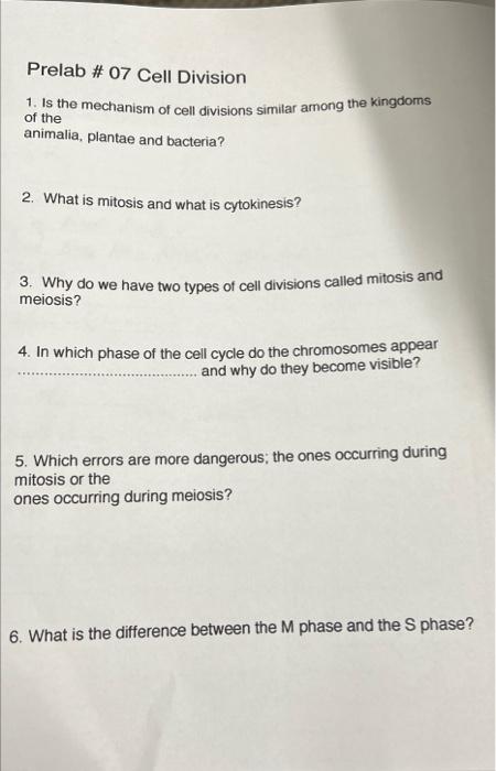 Solved Prelab # 07 Cell Division di Is the mechanism of cell | Chegg.com