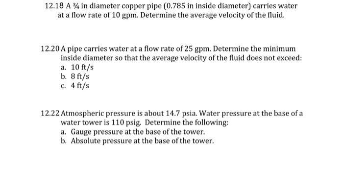 Solved 12.18 A3/4 in diameter copper pipe (0.785 in inside | Chegg.com