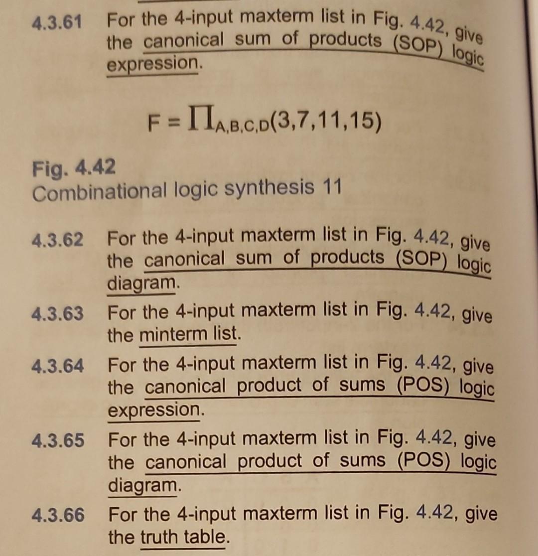 Solved 4.3.61 For the 4-input maxterm list in Fig. 4.42, | Chegg.com