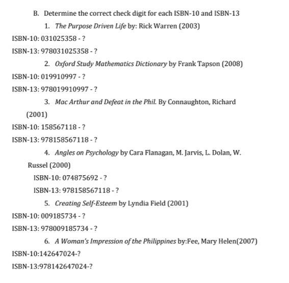 Solved B. Determine the correct check digit for each ISBN-10 | Chegg.com