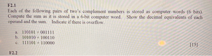 Solved F2.1 Each of the following pairs of two's complement | Chegg.com