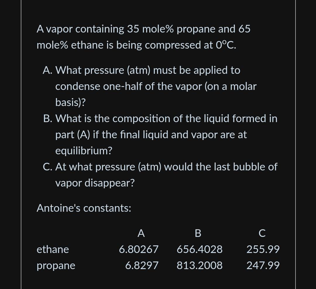 Solved A vapor containing 35 mole\% propane and 65 mole\% | Chegg.com