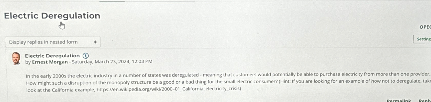 Solved Electric DeregulationDisplay replies in nested | Chegg.com