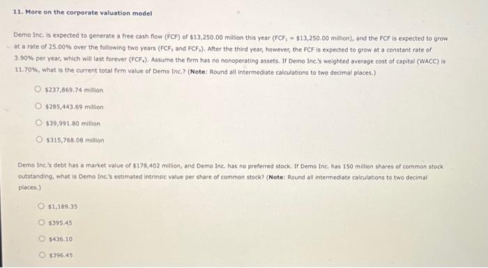 Solved 11. More on the corporate valuation model Dermo inc. | Chegg.com
