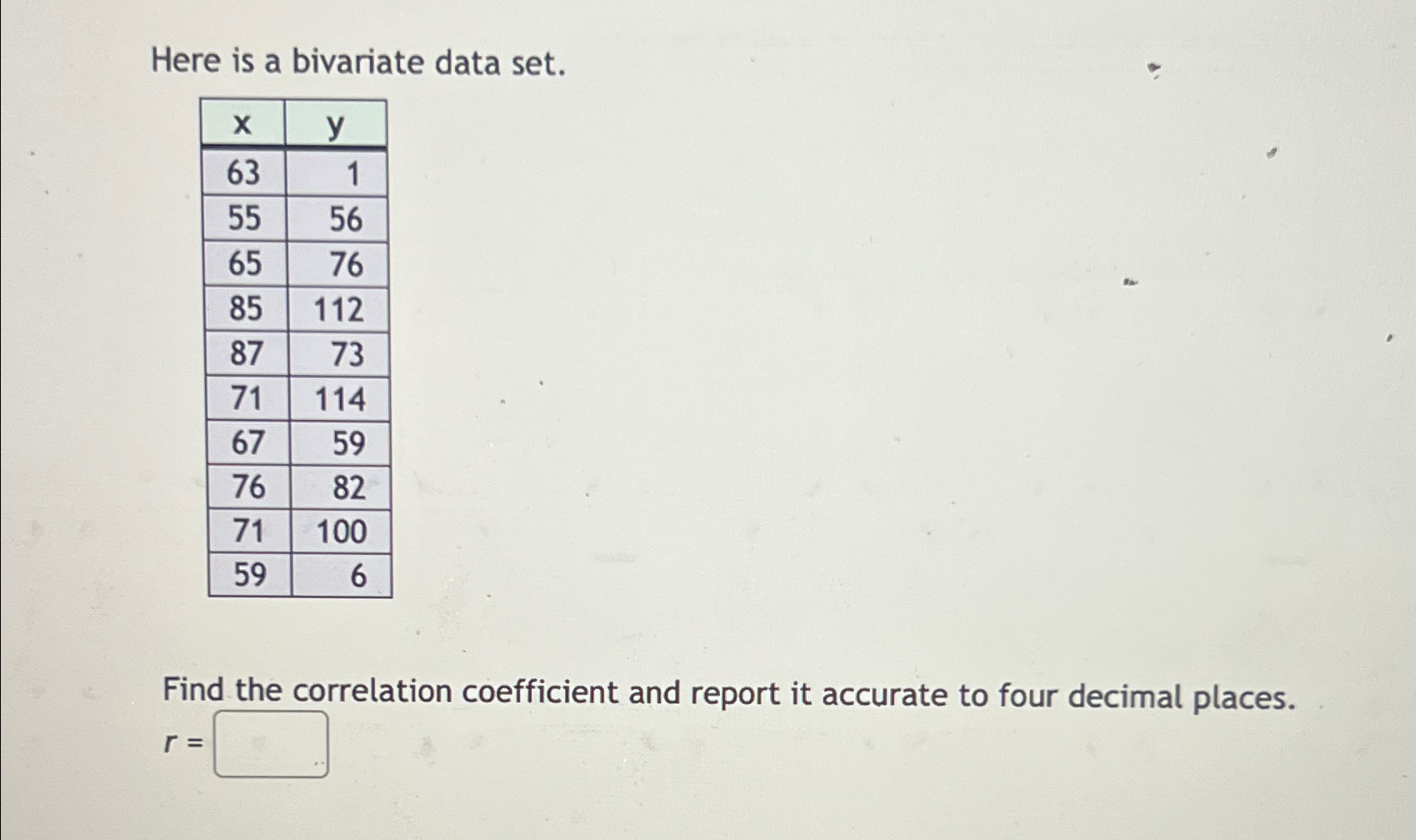 Solved Here is a bivariate data set.\table[[x,y | Chegg.com