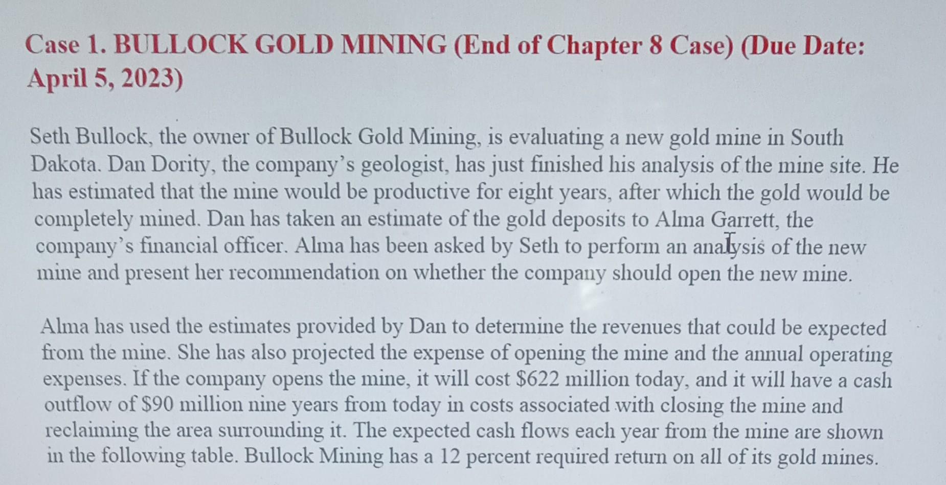 Solved Case 1. BULLOCK GOLD MINING (End of Chapter 8 Case) | Chegg.com