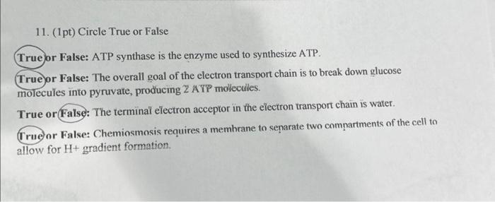 Solved 11. (1pt) Circle True or False True or False: ATP | Chegg.com