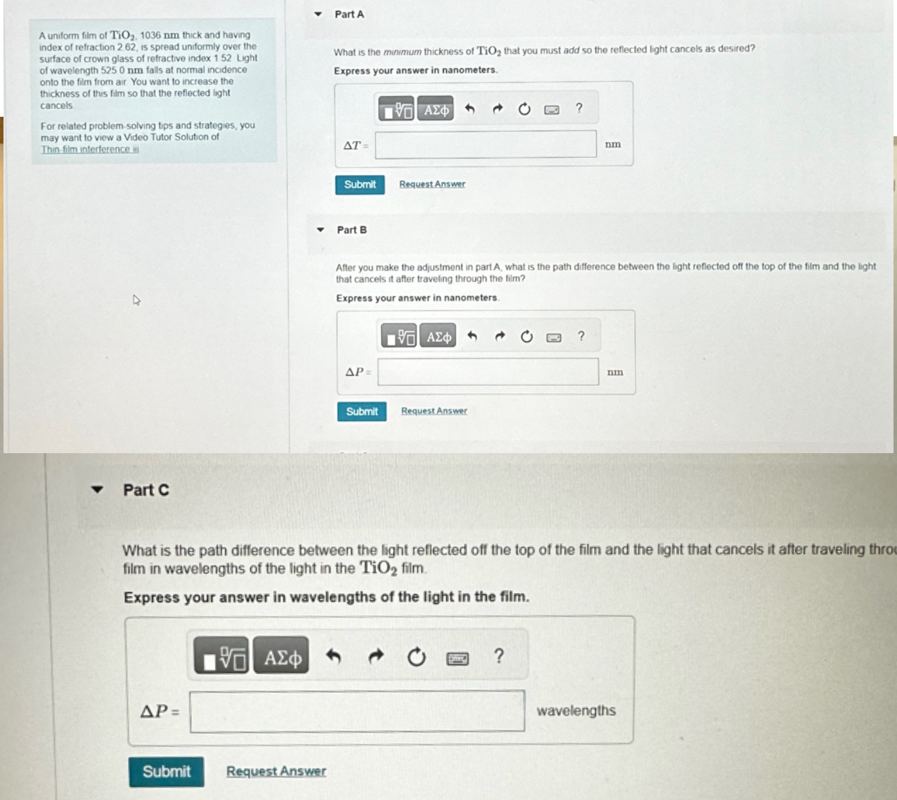 Solved Part AA uniform film of TiO2,1036nm ﻿thick and having | Chegg.com