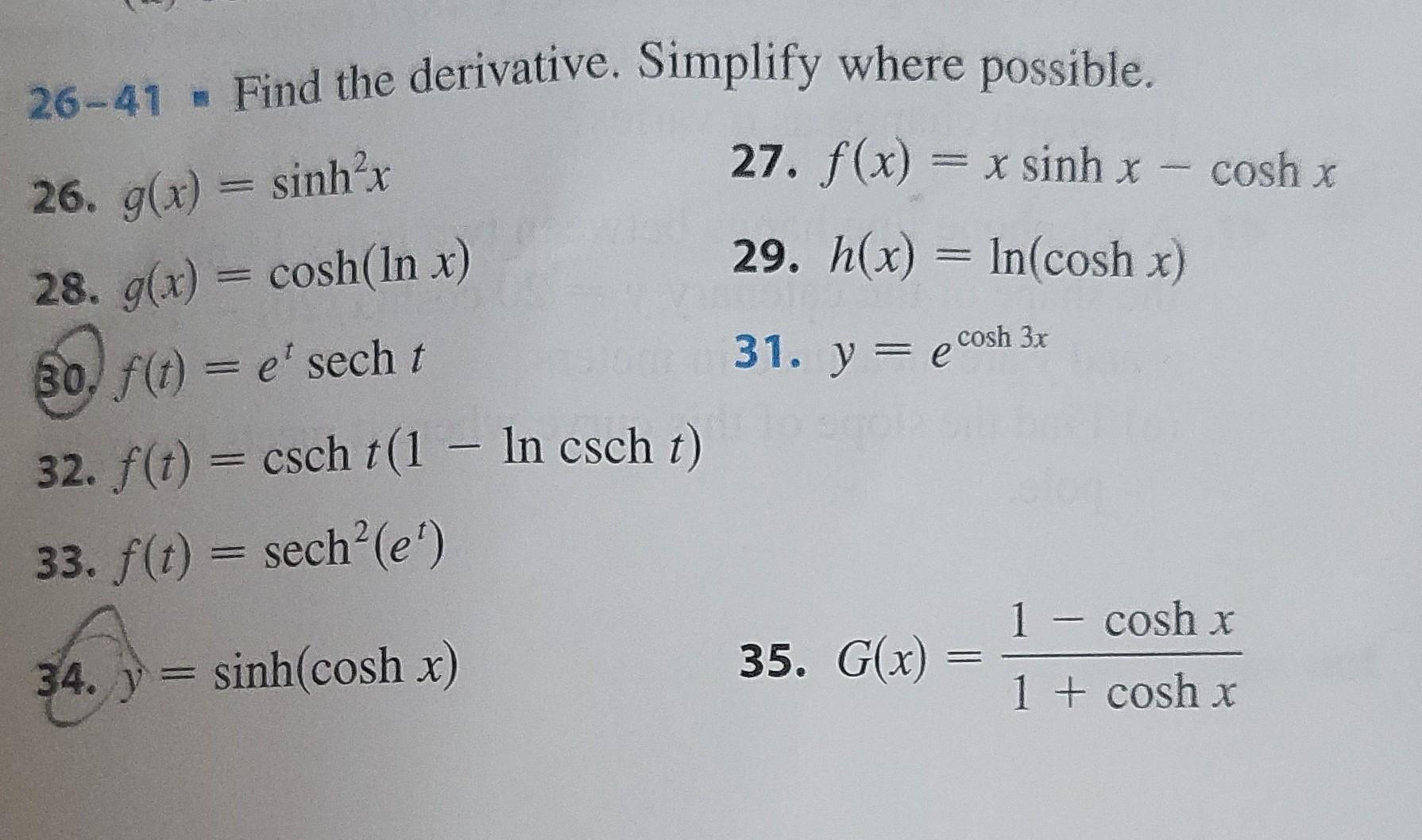 Solved 27. f(x) = x sinh x - cosh x 29. h(x) = In(cosh x) | Chegg.com