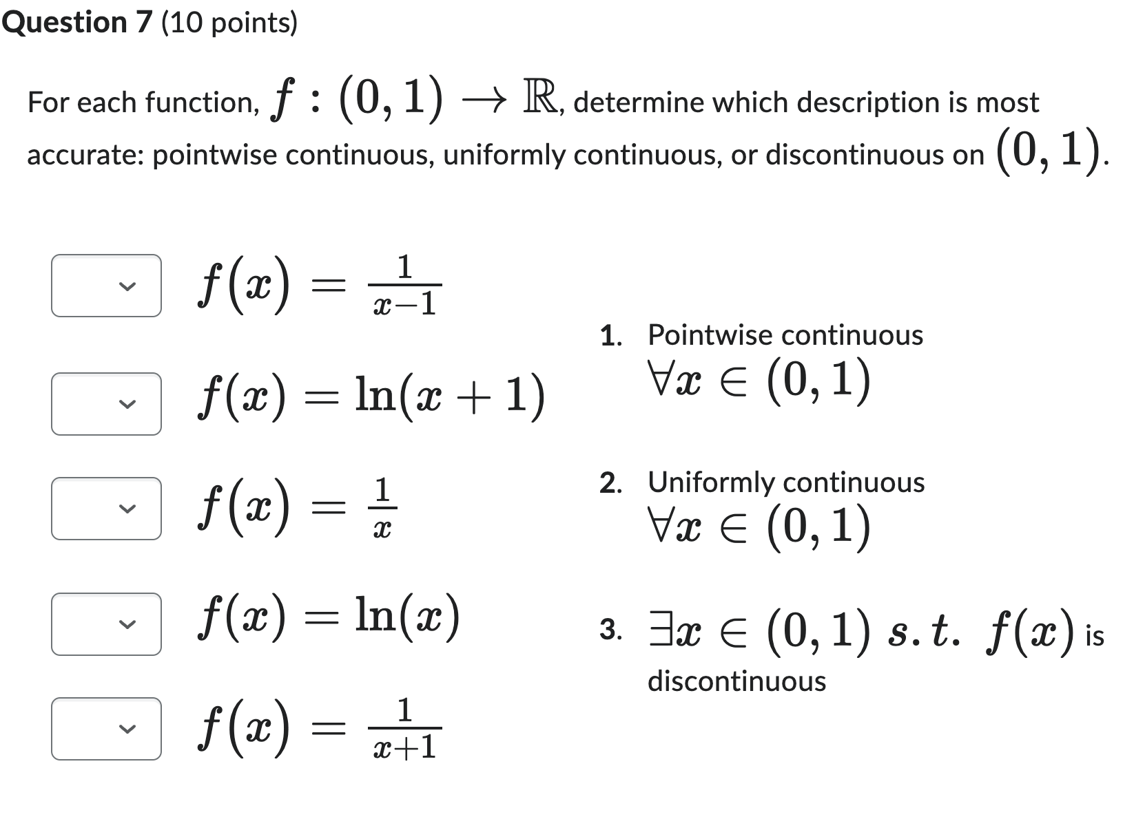 Solved Question 7 (10 ﻿points)For each function, f:(0,1)→R, | Chegg.com