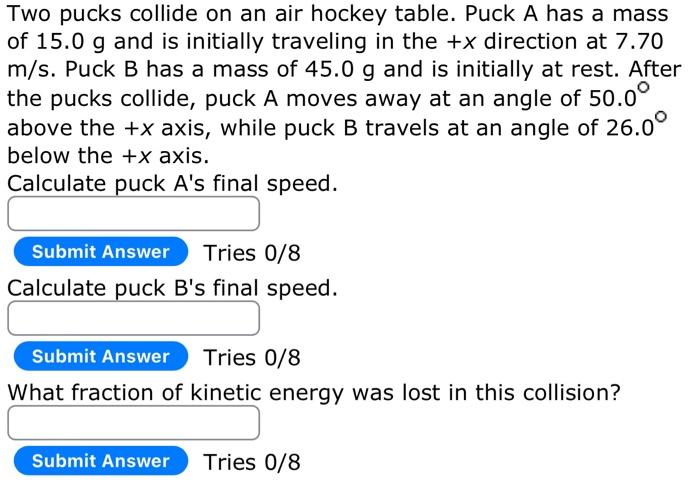 Solved Two pucks collide on an air hockey table. Puck A has | Chegg.com