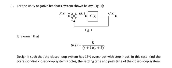 Solved 1. For the unity negative feedback system shown below | Chegg.com