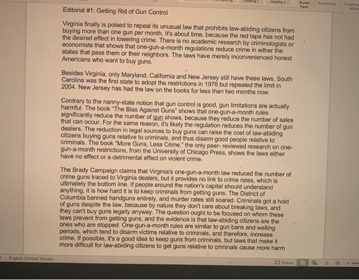 Solved Editorial #1: Getting Rid of Gun Control Virginia | Chegg.com