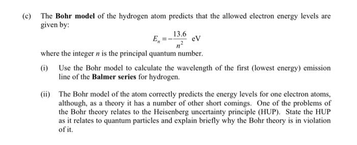 Solved The Bohr model of the hydrogen atom predicts that the | Chegg.com