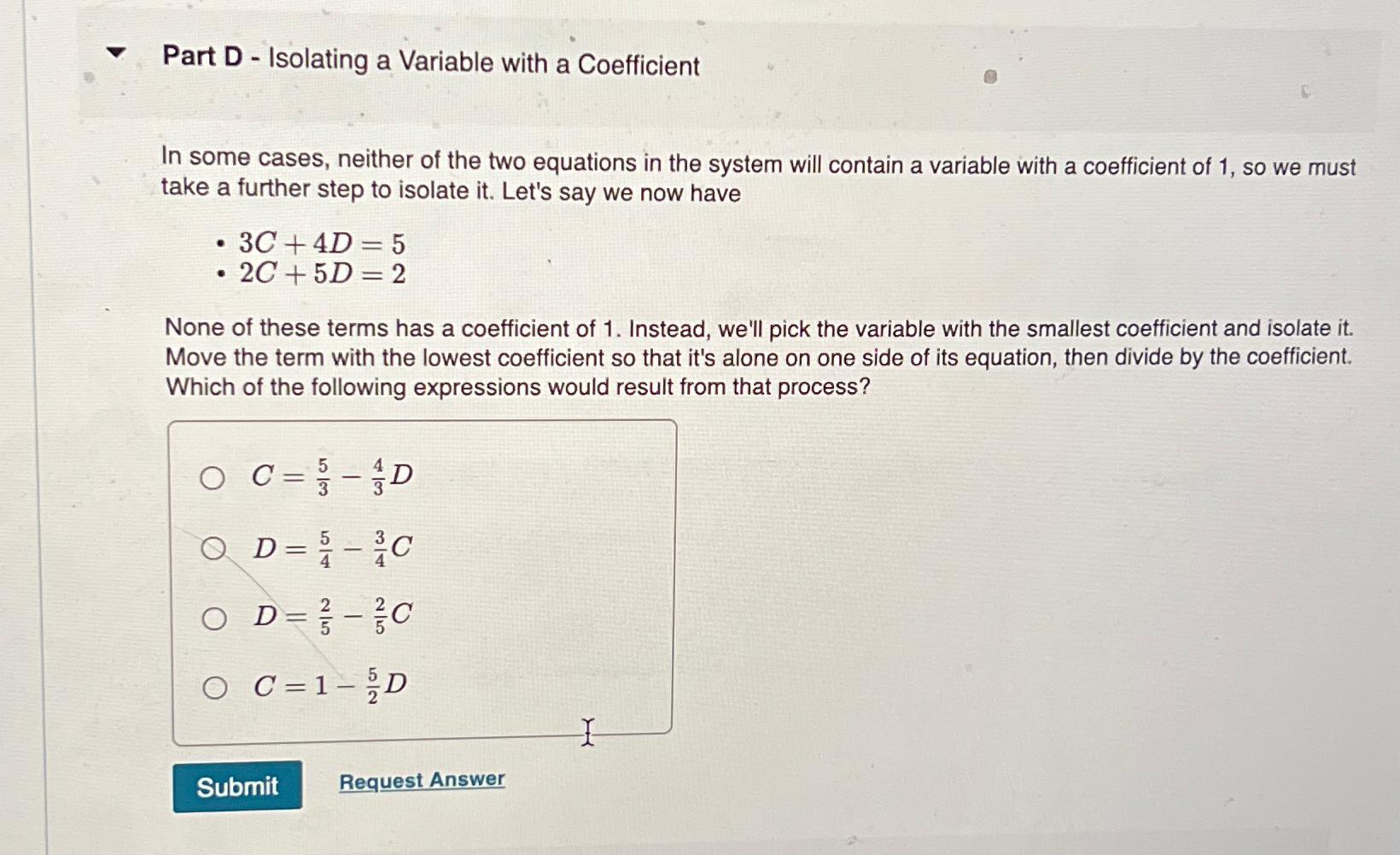 Solved Part D - ﻿Isolating a Variable with a CoefficientIn | Chegg.com