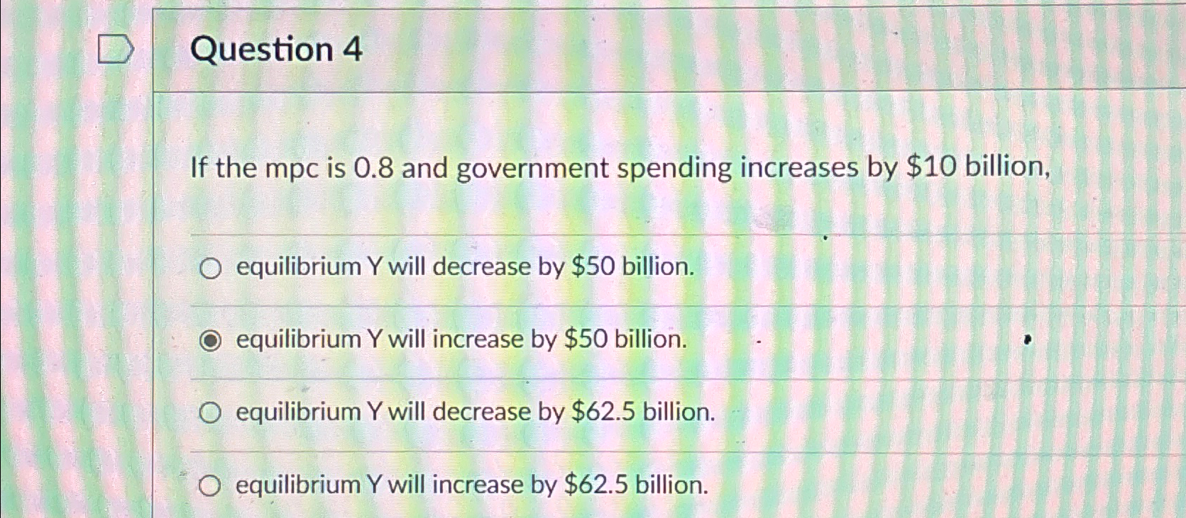 Solved Question 4If the mpc ﻿is 0.8 ﻿and government spending | Chegg.com