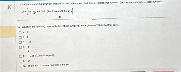 Solved K List the numbers in the given set that are (a) | Chegg.com